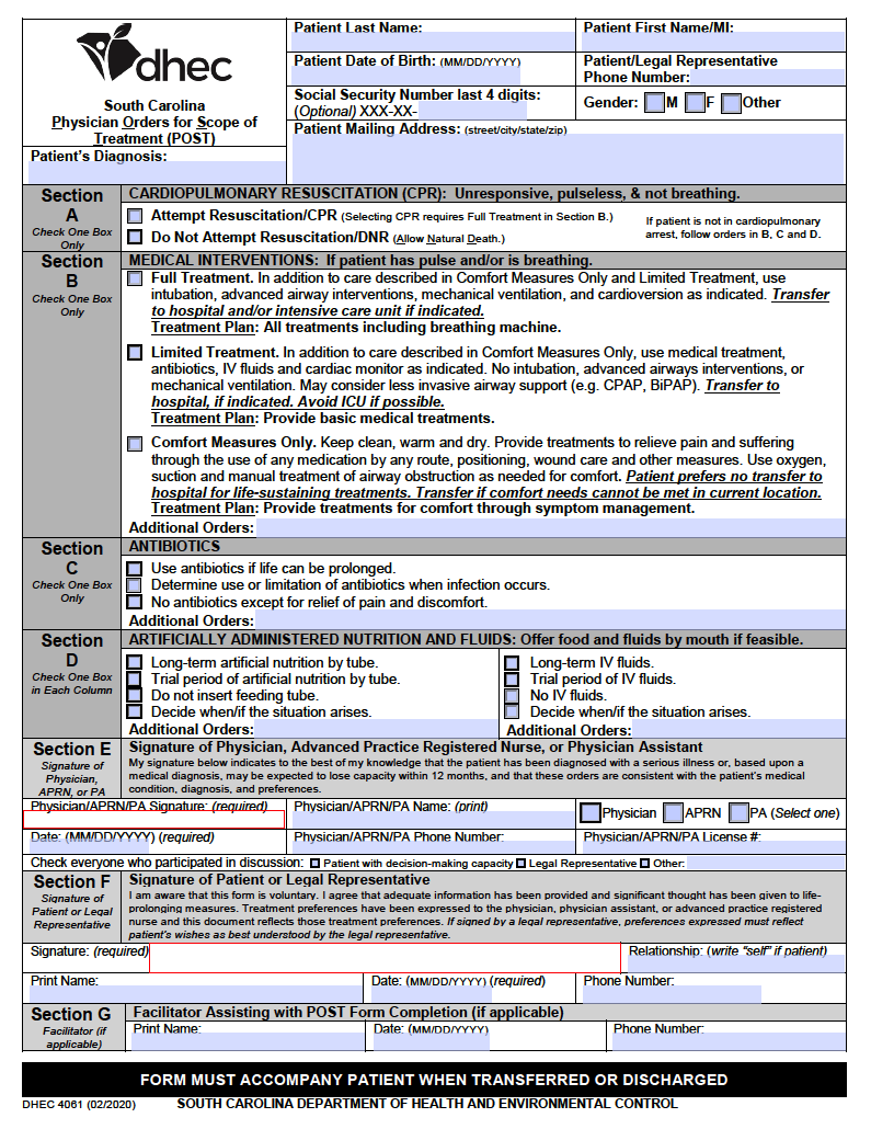 Free South Carolina Advance Directive Form (Medical POA & Living Will ...
