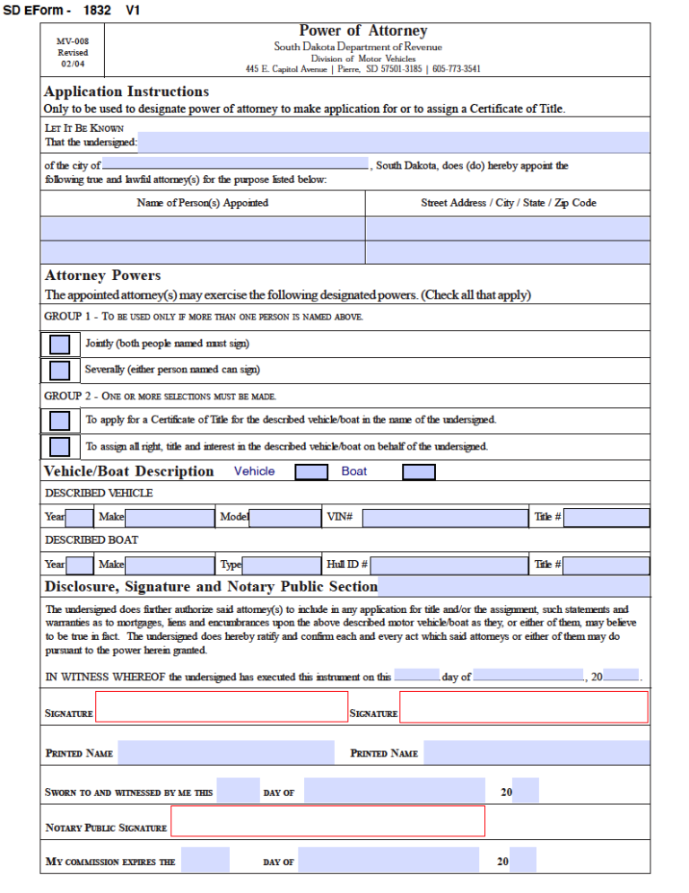 Free South Dakota Motor Vehicle Power of Attorney Form | PDF