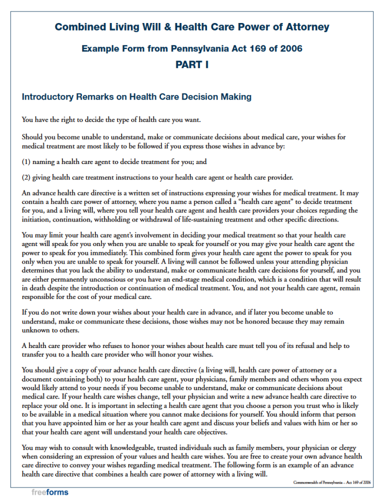 Free Pennsylvania Advance Directive Form (Medical POA & Living Will) | PDF