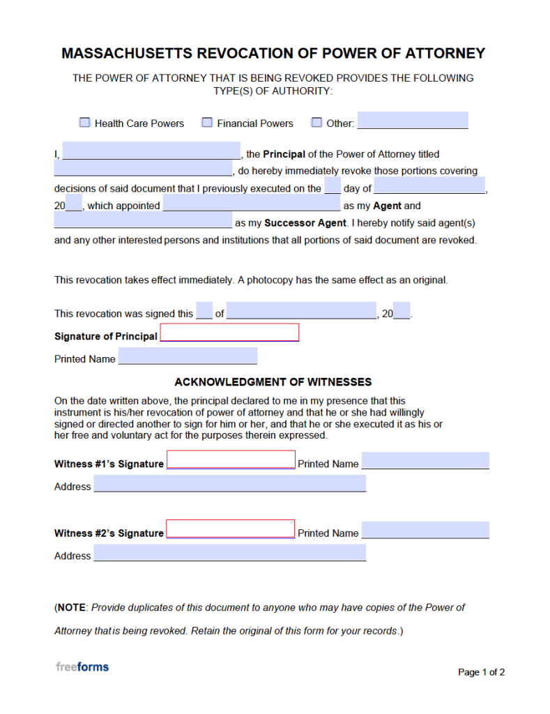 Free Massachusetts Revocation of Power of Attorney Form | PDF | WORD