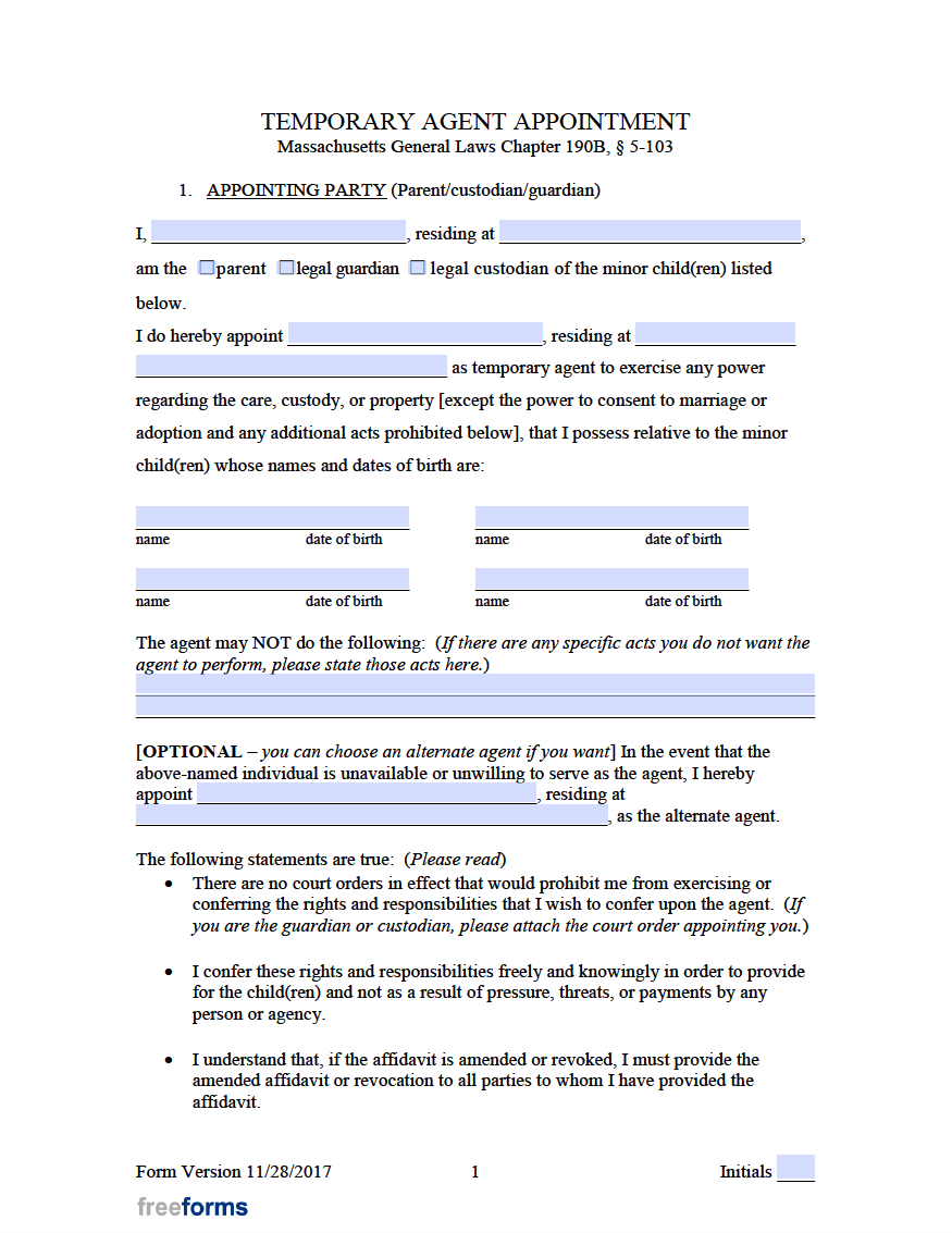 Free Massachusetts Minor Child Power of Attorney Form | PDF | WORD