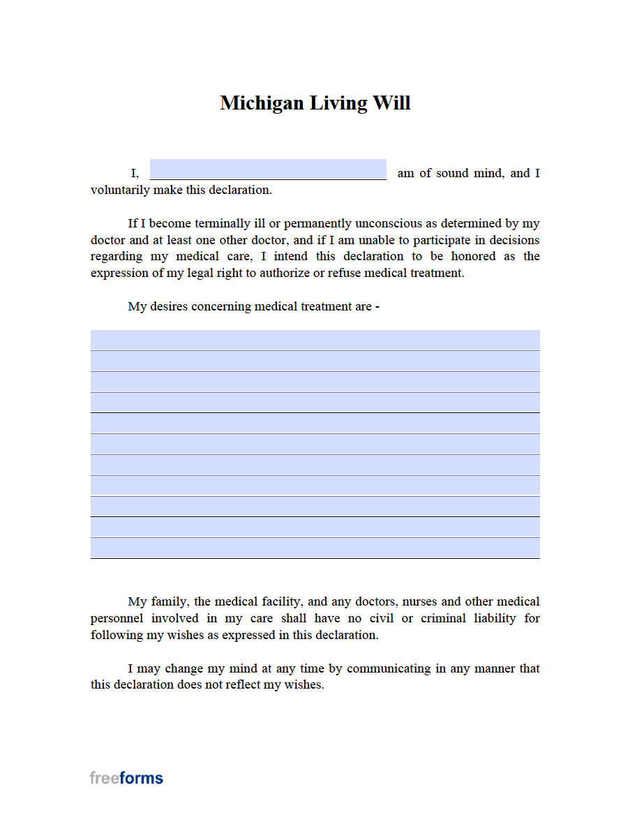 Free Michigan Living Will Form | PDF