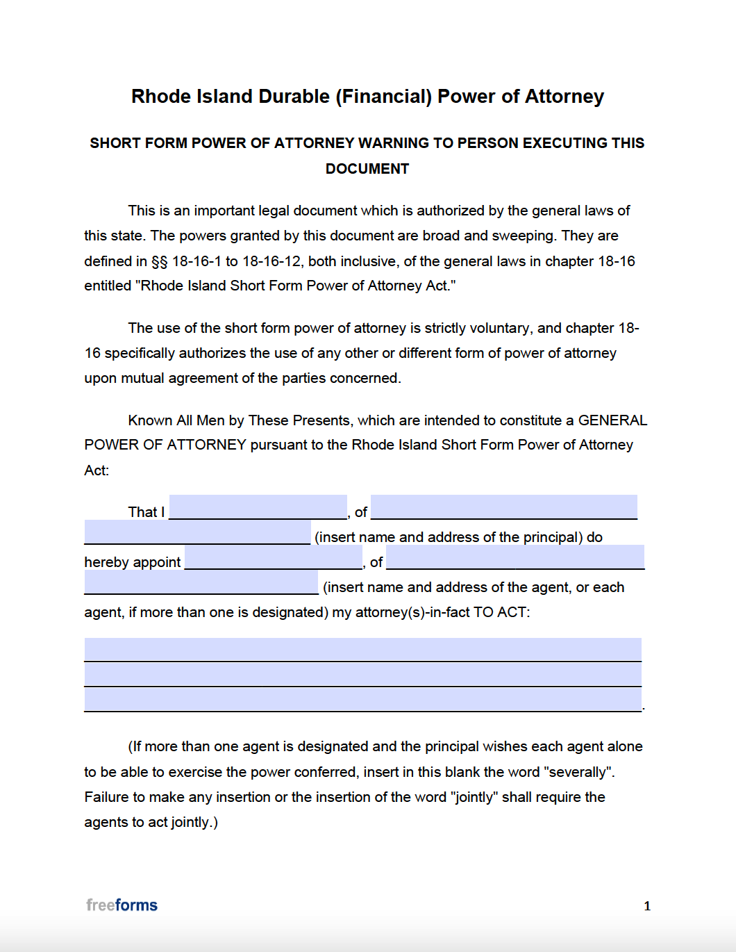 Free Rhode Island Durable (Financial) Power of Attorney Form | PDF | Word