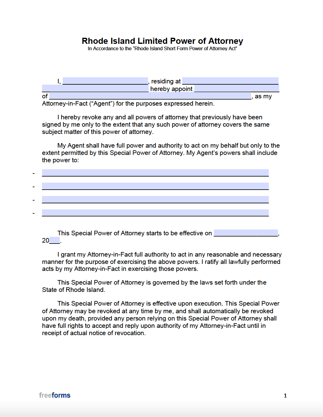 Free Rhode Island Limited (Special) Power of Attorney Form | PDF | Word