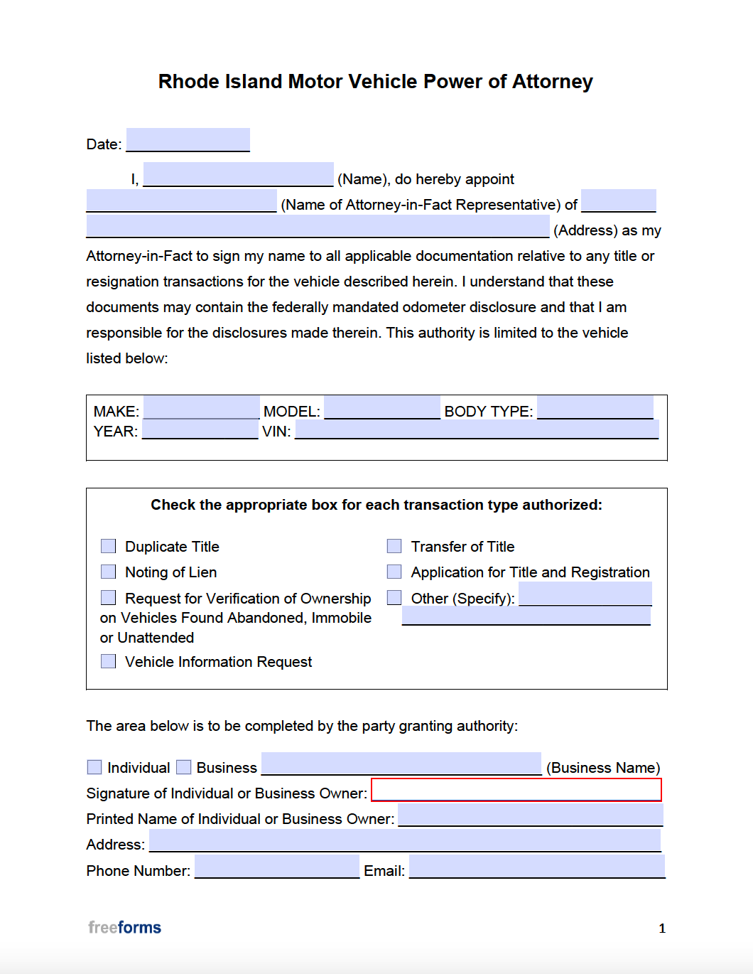 Free Rhode Island Motor Vehicle Power of Attorney Form | PDF | Word