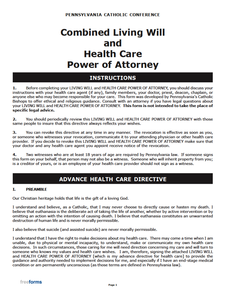 Free Pennsylvania Advance Directive Form (Medical POA & Living Will) | PDF