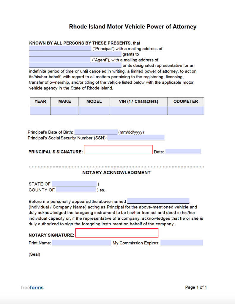 Free Rhode Island Motor Vehicle Power of Attorney Form | PDF | Word