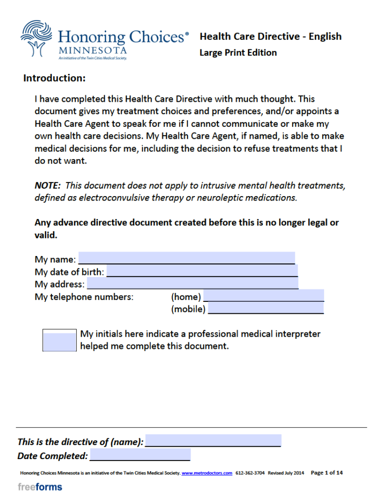 Free Minnesota Advance Directive Form (Medical POA & Living Will) | PDF