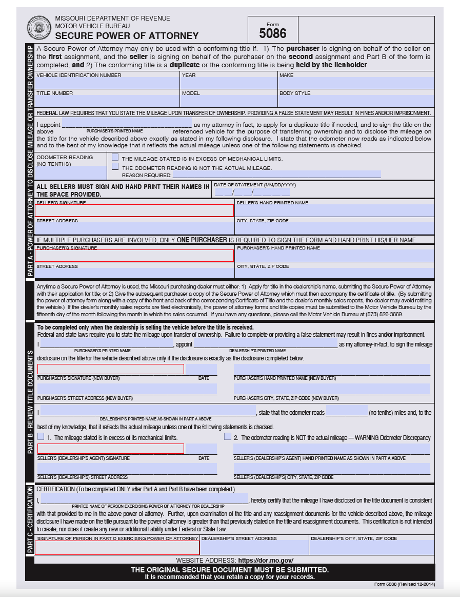 Free Missouri Motor Vehicle Power of Attorney Form | PDF