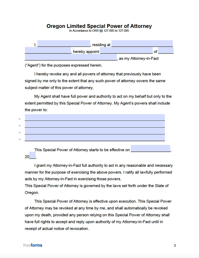Free Oregon Limited (Special) Power of Attorney Form | PDF | Word