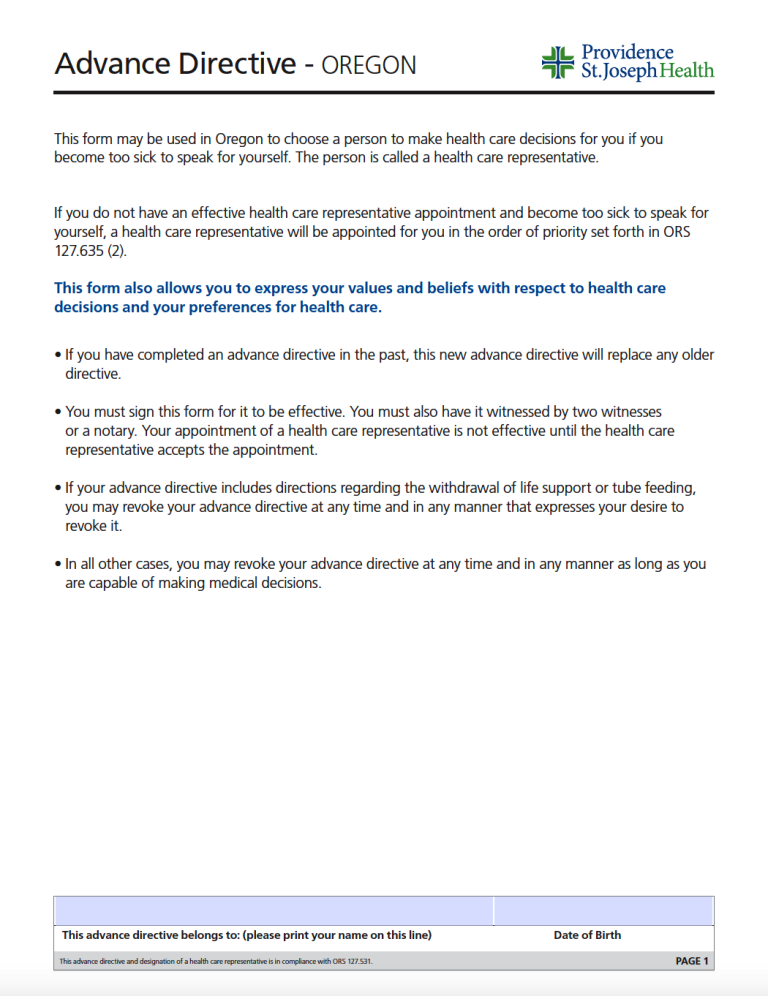 Free Oregon Advance Directive Form (Medical POA & Living Will) | PDF