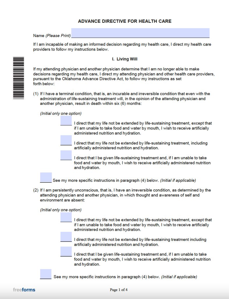 Free Oklahoma Advance Directive Form (Medical POA & Living Will) | PDF ...
