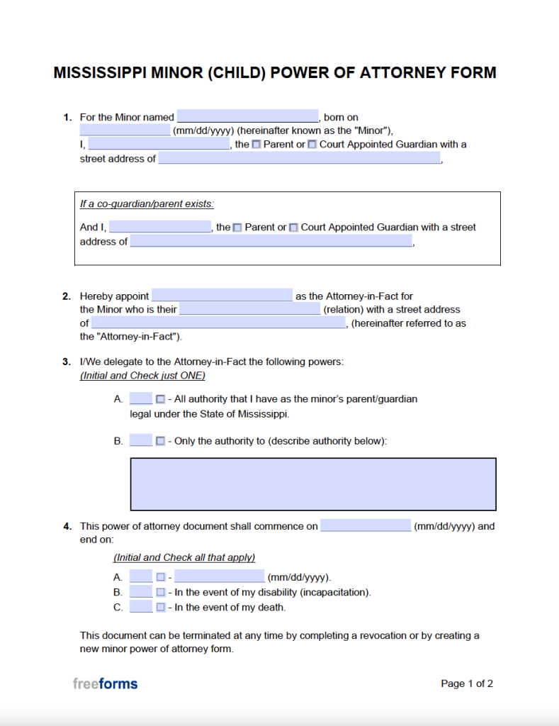 Free Mississippi Minor Child Power of Attorney Form | PDF | WORD