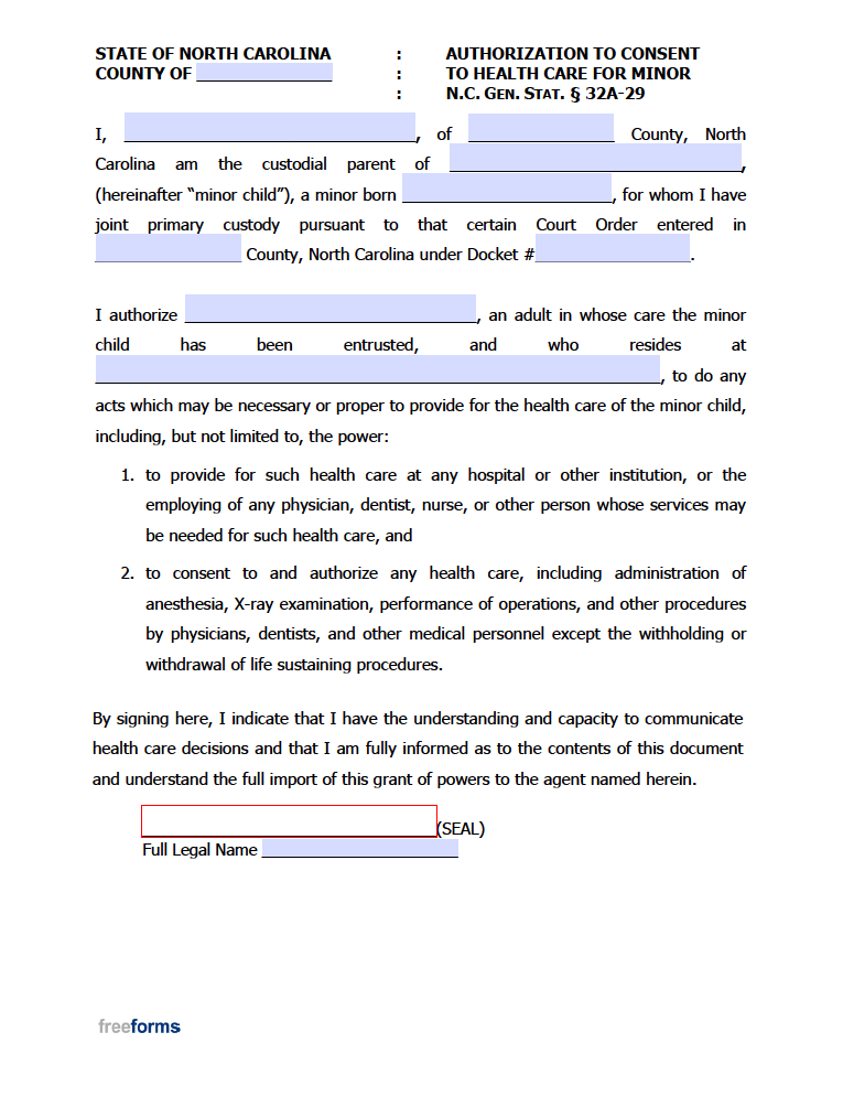 Free North Carolina Minor Child Power of Attorney Form | PDF | WORD