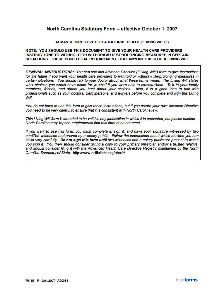 Free North Carolina Living Will Form | PDF