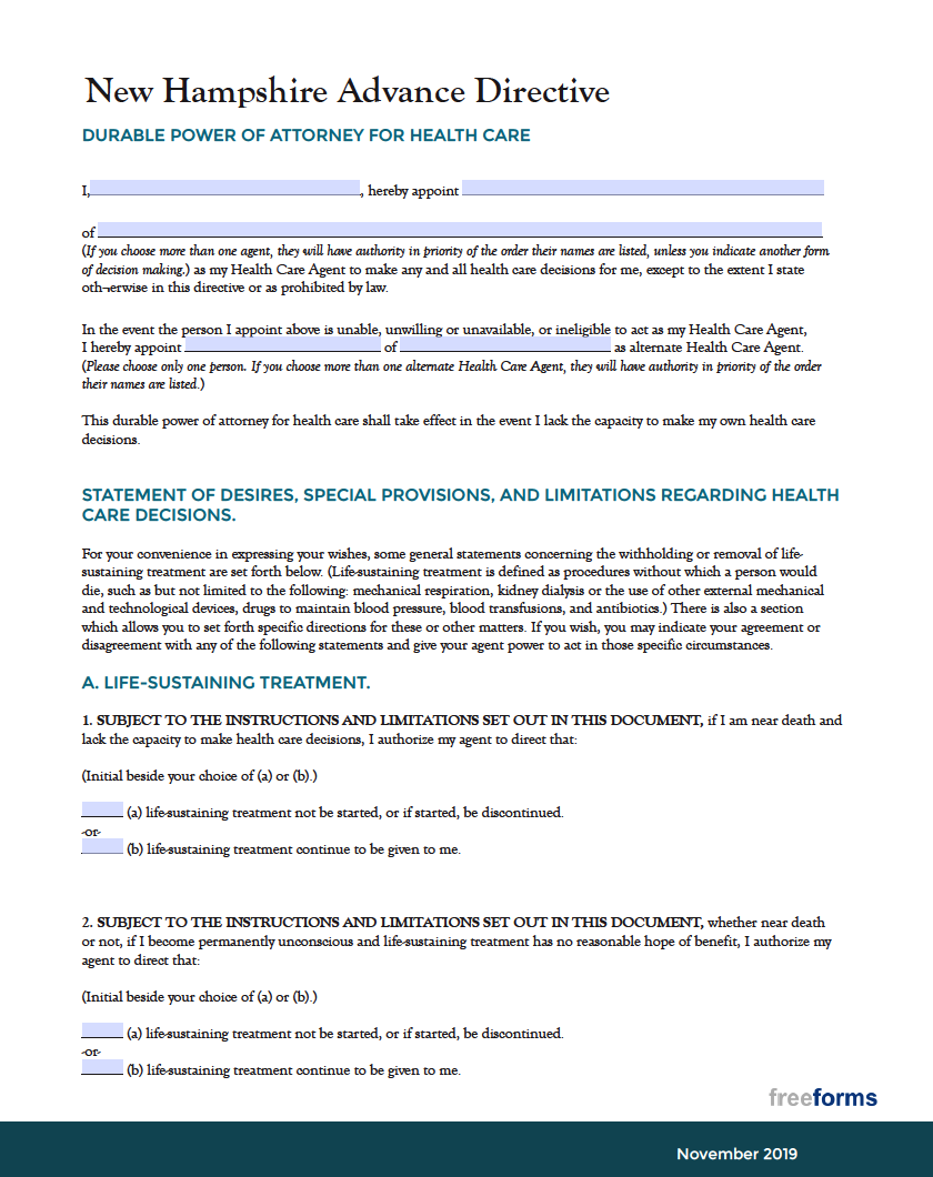 Free New Hampshire Advance Directive Form (Medical POA & Living Will) | PDF