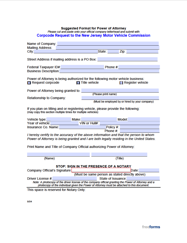 Free New Jersey Motor Vehicle Power of Attorney Form | PDF | WORD