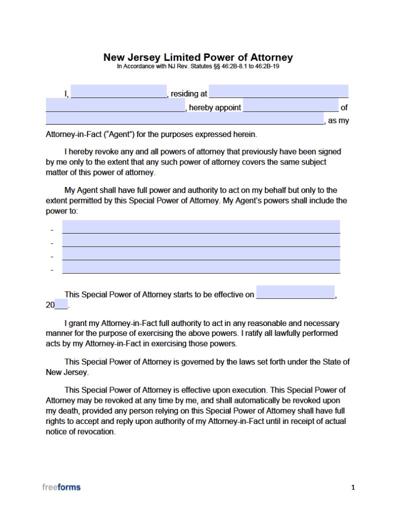 Free New Jersey Limited (Special) Power of Attorney Form | PDF | Word