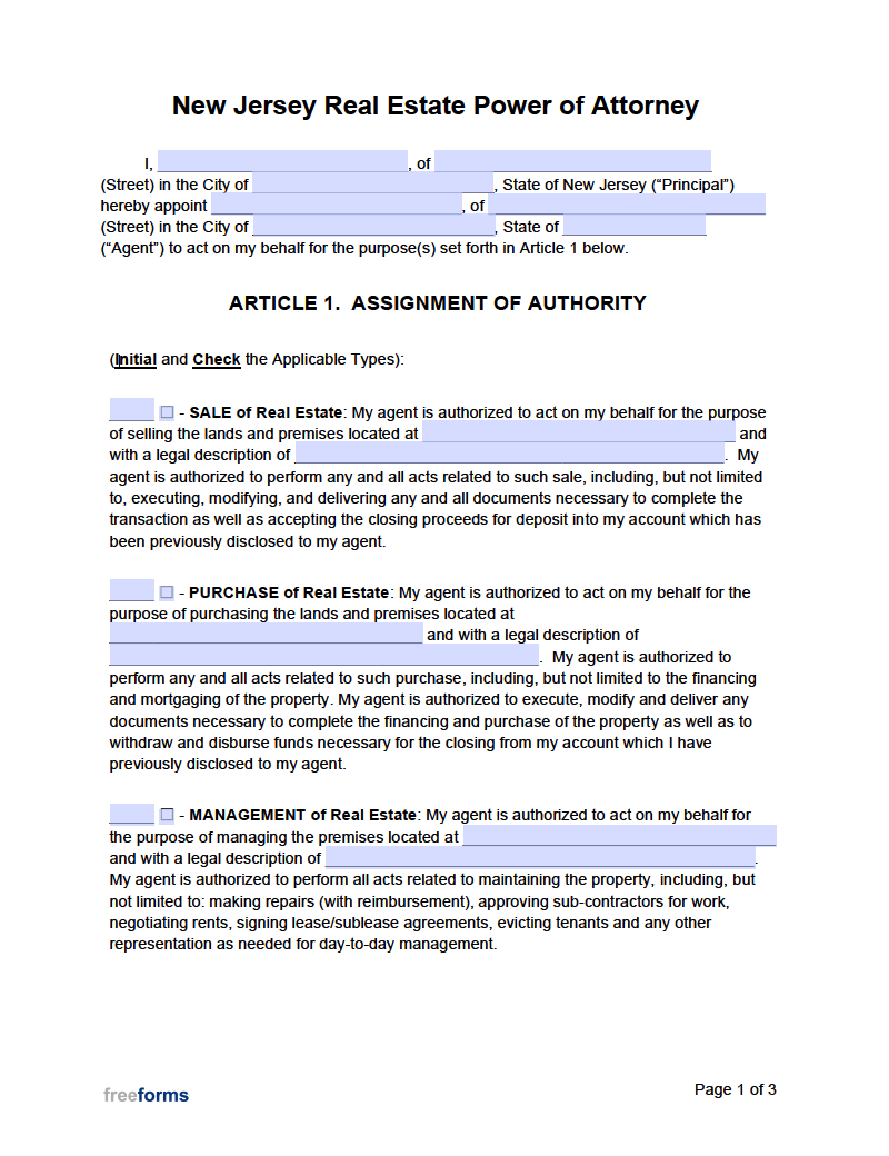 Free New Jersey Real Estate Power of Attorney Form | PDF
