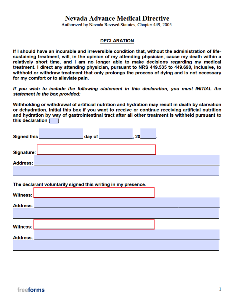 Free Nevada Advance Directive Form (Medical POA & Living Will) | PDF