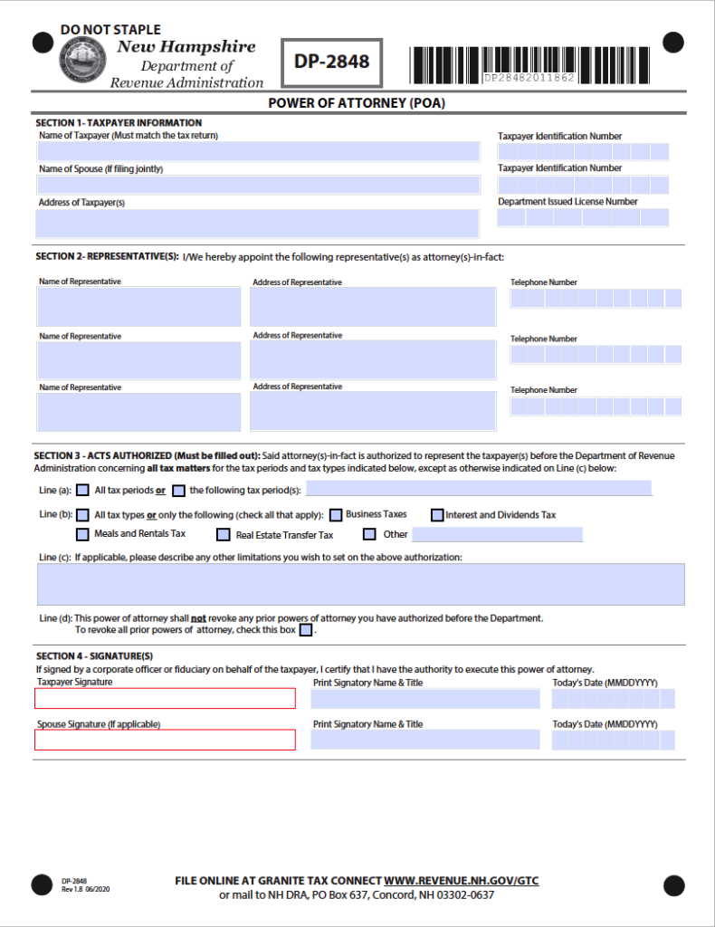 Free New Hampshire Tax Power of Attorney Form | PDF