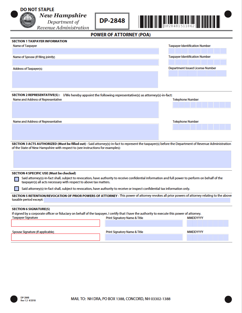Free New Hampshire Tax Power of Attorney Form | PDF