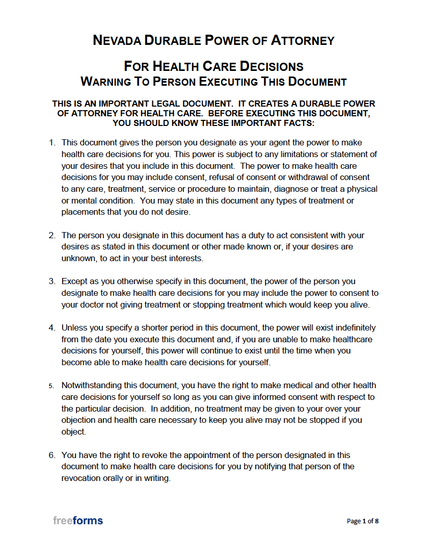 Free Nevada Medical Power of Attorney Form | PDF | Word