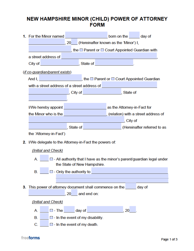 Free New Hampshire Minor Child Power of Attorney Form | PDF | Word