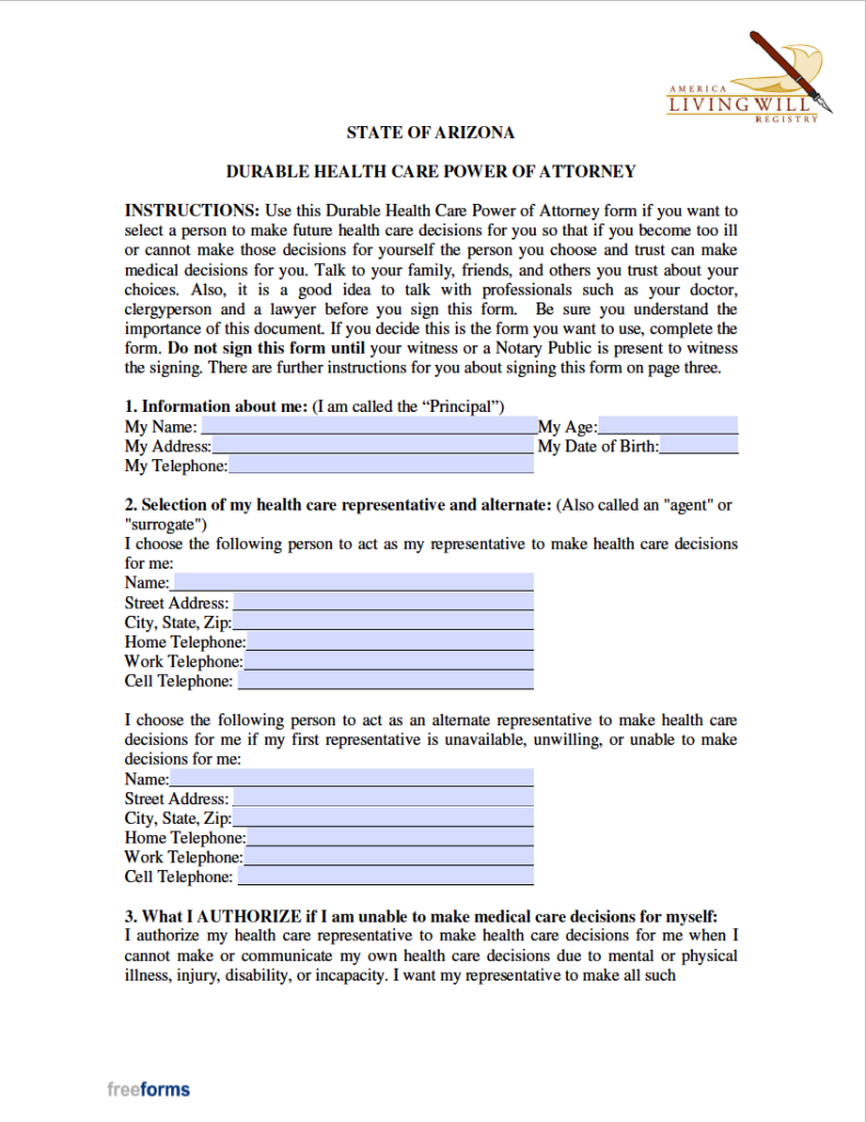 Free Arizona Medical (Health Care) Power of Attorney Form | PDF Free Arizona Medical (Health Care) Power of Attorney Form | PDF