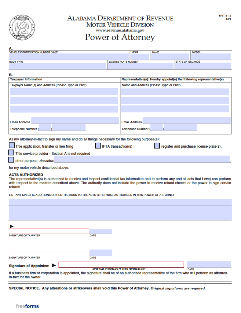 Free Alabama Motor Vehicle Power Of Attorney Form Mvt 5 13 Pdf 7253