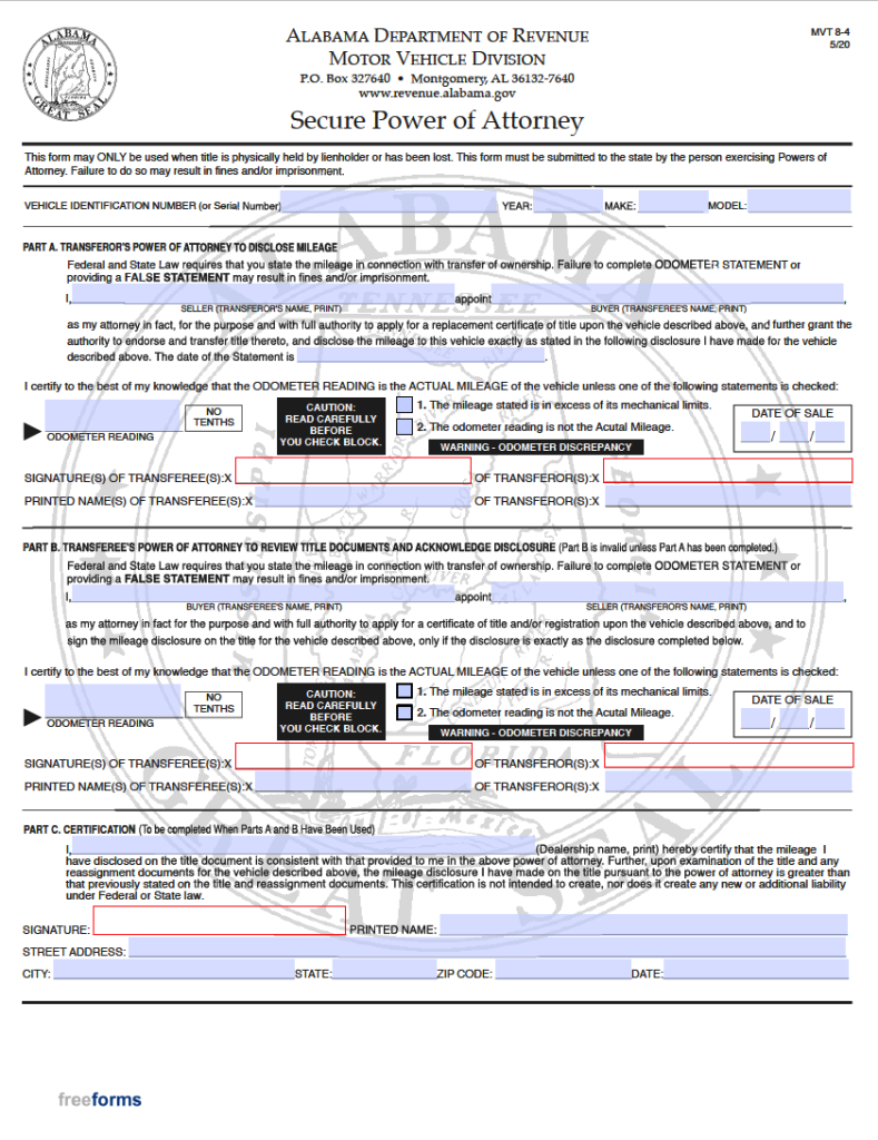 Free Alabama Motor Vehicle Power of Attorney (Form MVT-5-13) | PDF