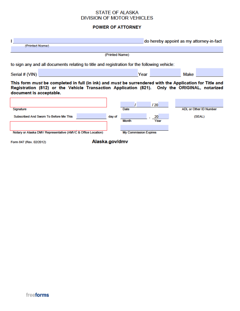 Free Alaska Motor Vehicle Power of Attorney (Form 847) | PDF