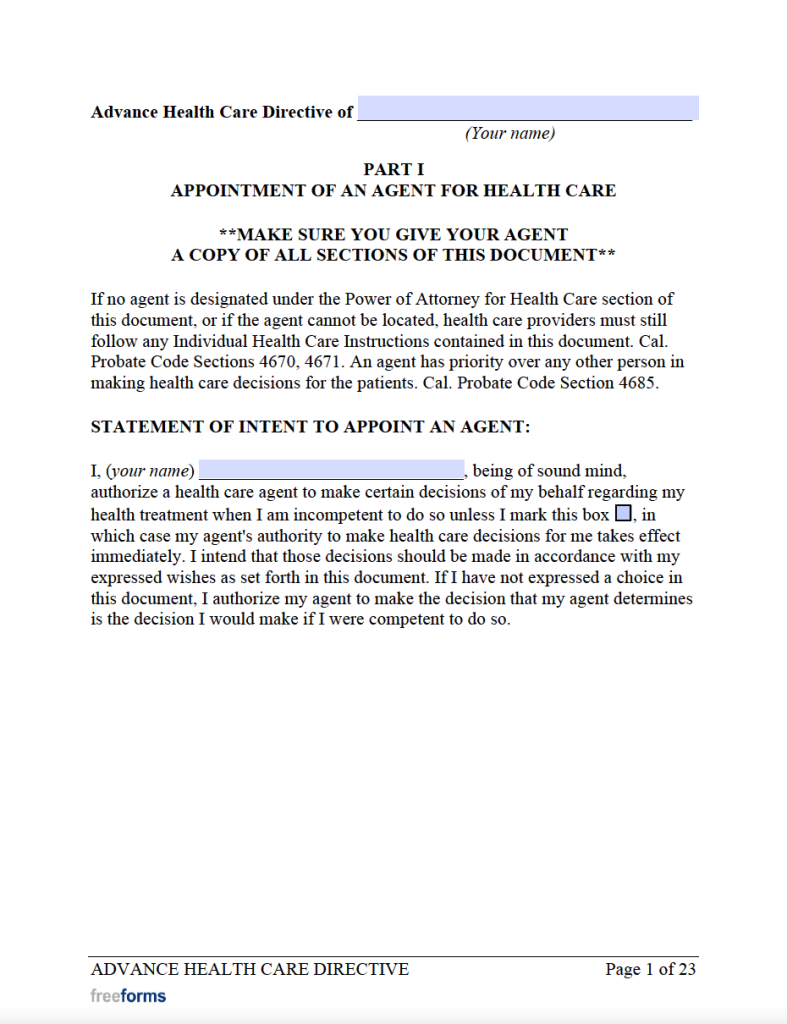 Free California Advance Directive Form (Medical POA & Living Will) | PDF