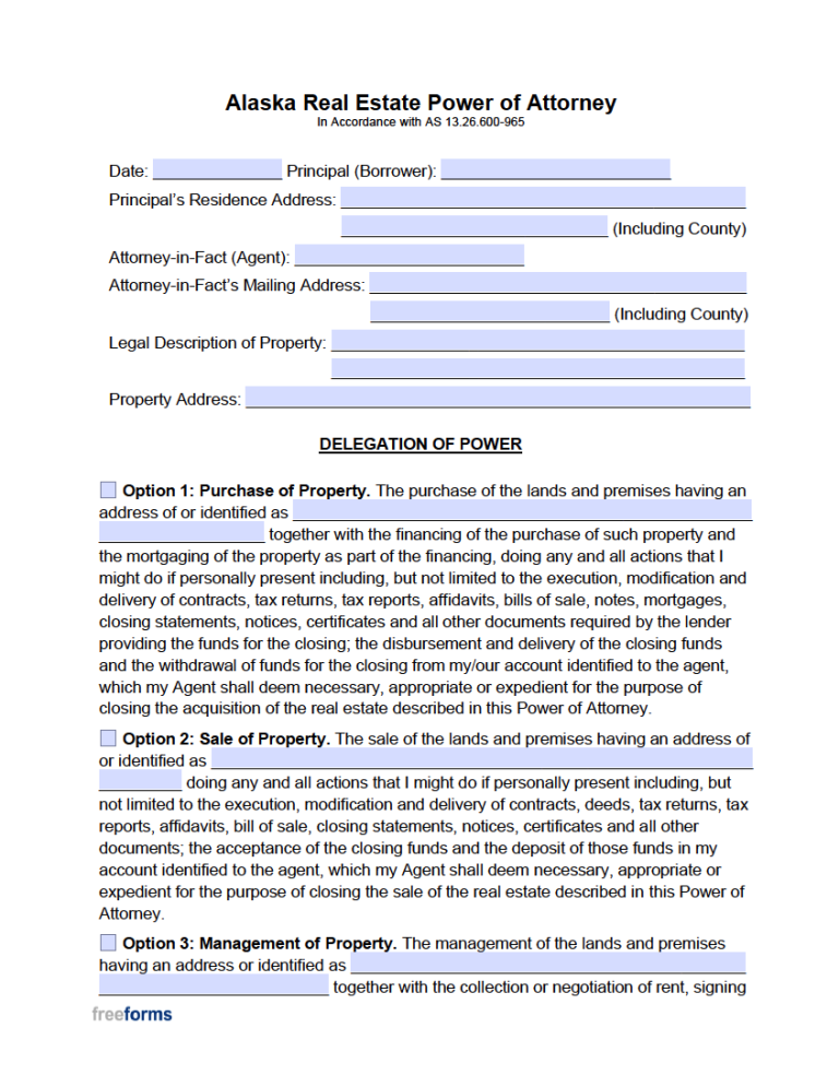 Free Alaska Real Estate Power of Attorney Form | PDF