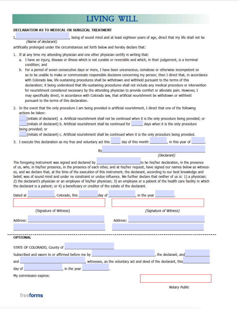 Free Colorado Living Will Form | PDF