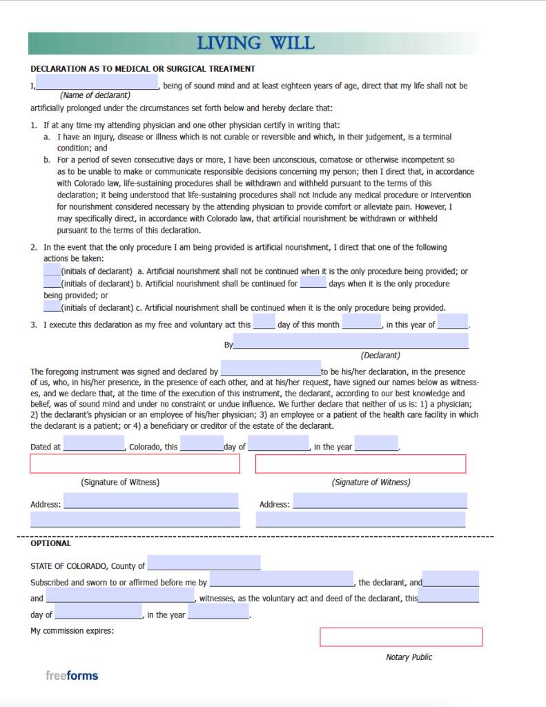 Free Colorado Living Will Form | PDF