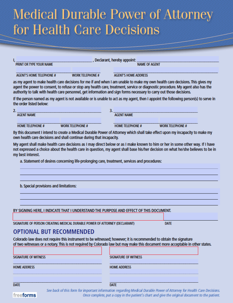 Free Colorado Advance Directive Form (Medical POA & Living Will) | PDF