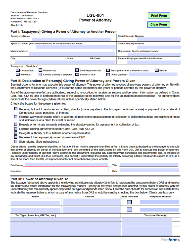 Free Connecticut Tax Power of Attorney (Form LGL-001) | PDF