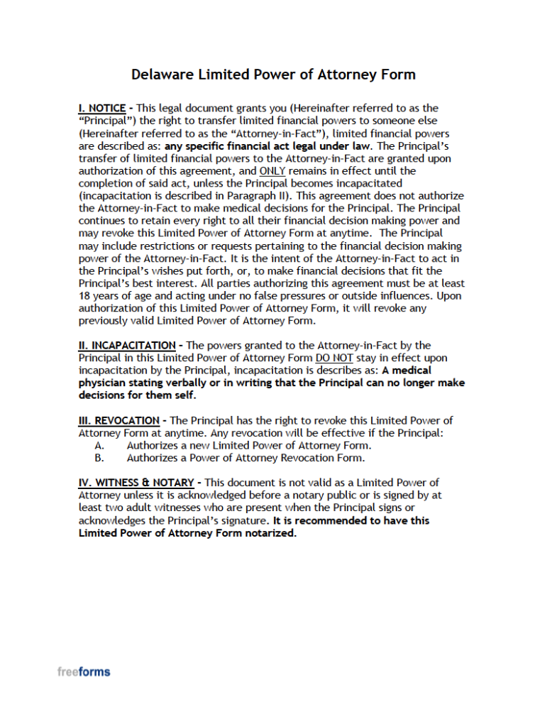 Free Delaware Limited (Special) Power of Attorney Form | PDF | Word