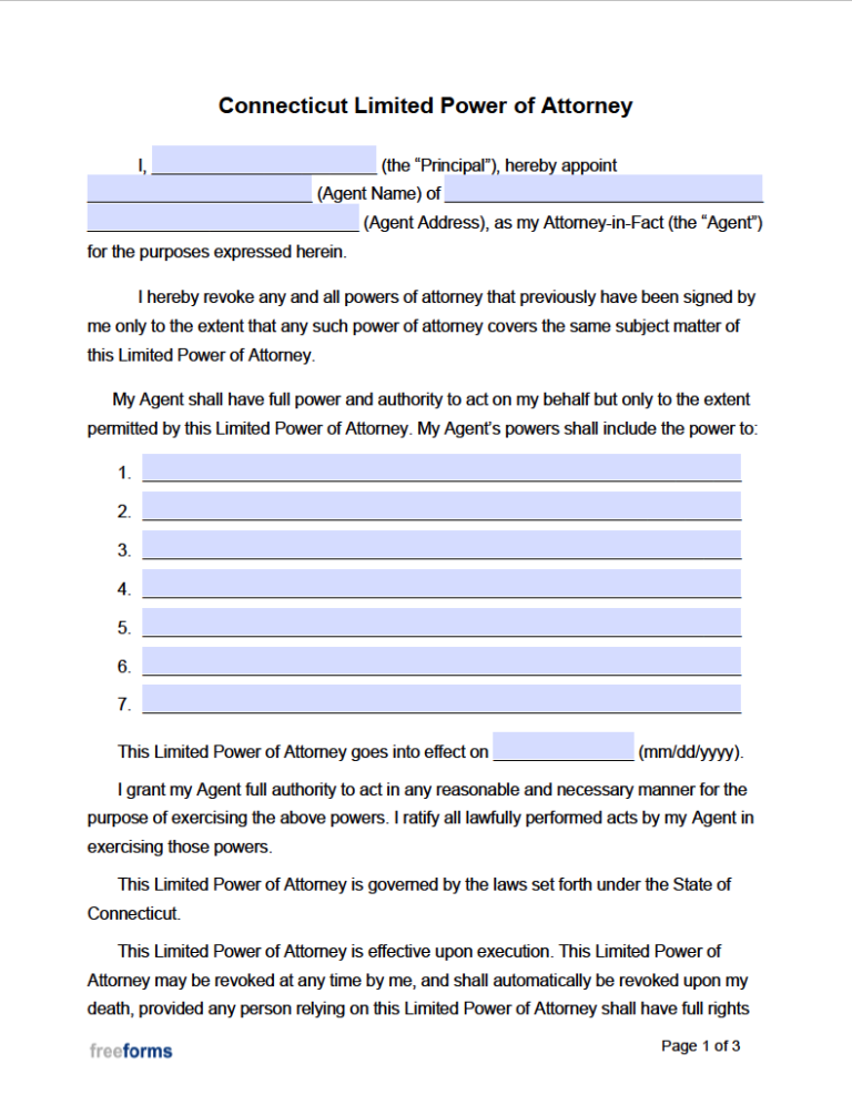 Free Connecticut Limited (Special) Power of Attorney Form | PDF | Word