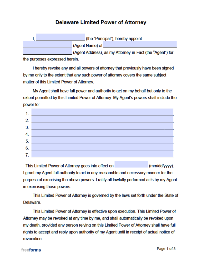 Free Delaware Limited (Special) Power of Attorney Form | PDF | Word