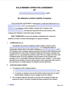 Free Alabama LLC Operating Agreement Template | PDF | Word