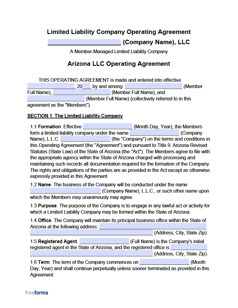 Free Arizona LLC Operating Agreement Template PDF WORD