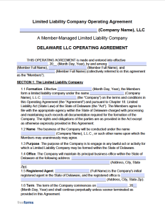Free Delaware LLC Operating Agreement Template | PDF | Word