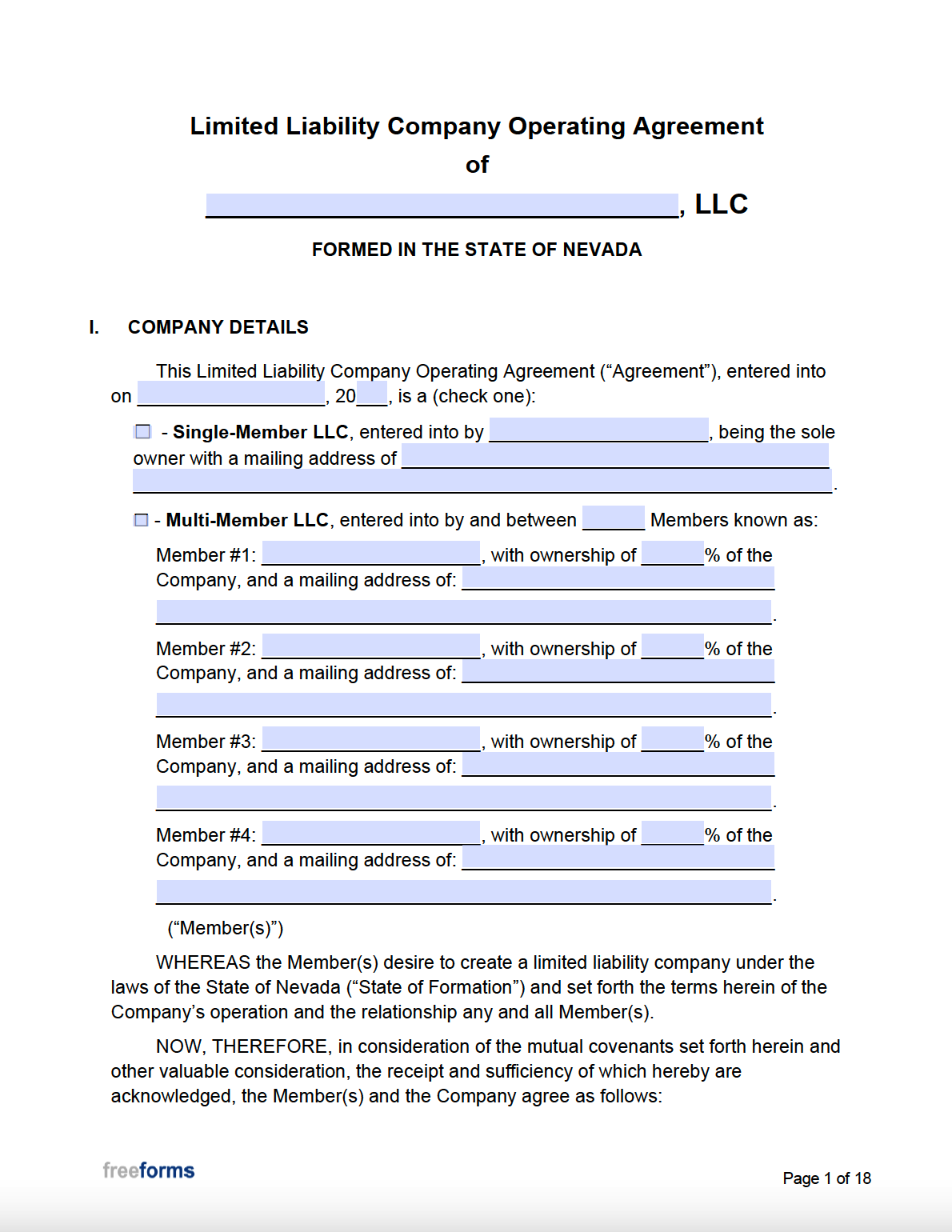 Free Nevada LLC Operating Agreement Template PDF WORD