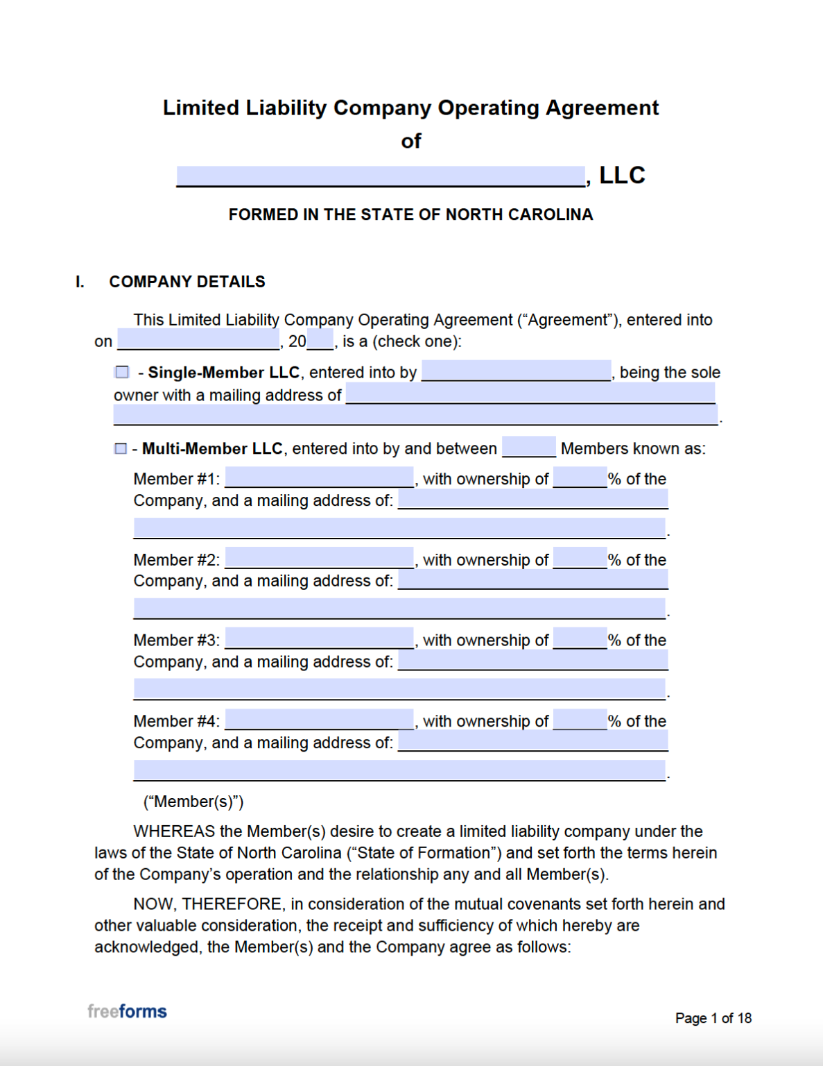 Free North Carolina LLC Operating Agreement Template | PDF | Word