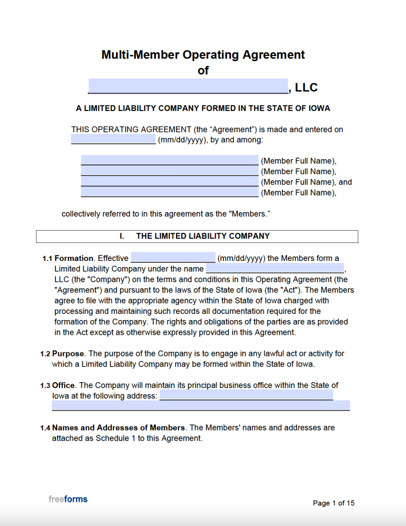 Free Iowa Multi-Member LLC Operating Agreement Form | PDF | Word
