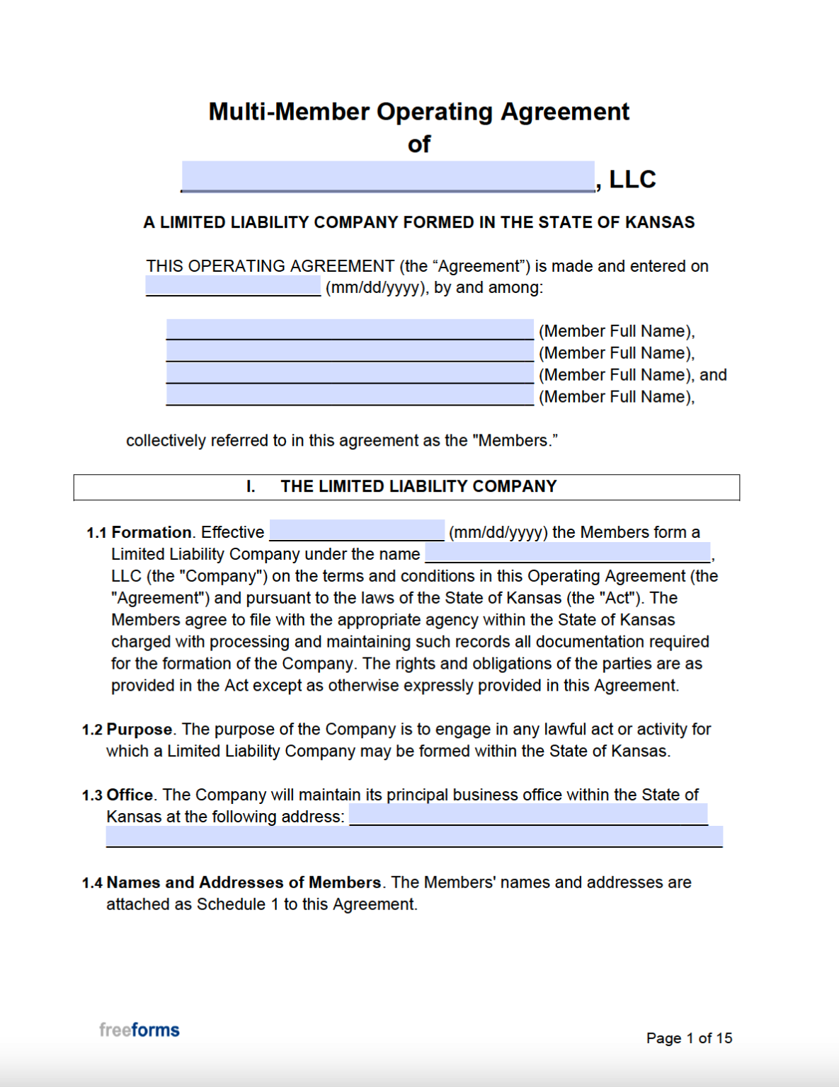 Free Kansas Multi-Member LLC Operating Agreement Form | PDF | WORD