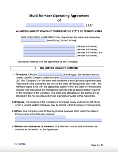 Free Pennsylvania Multi-Member LLC Operating Agreement Form | PDF | WORD