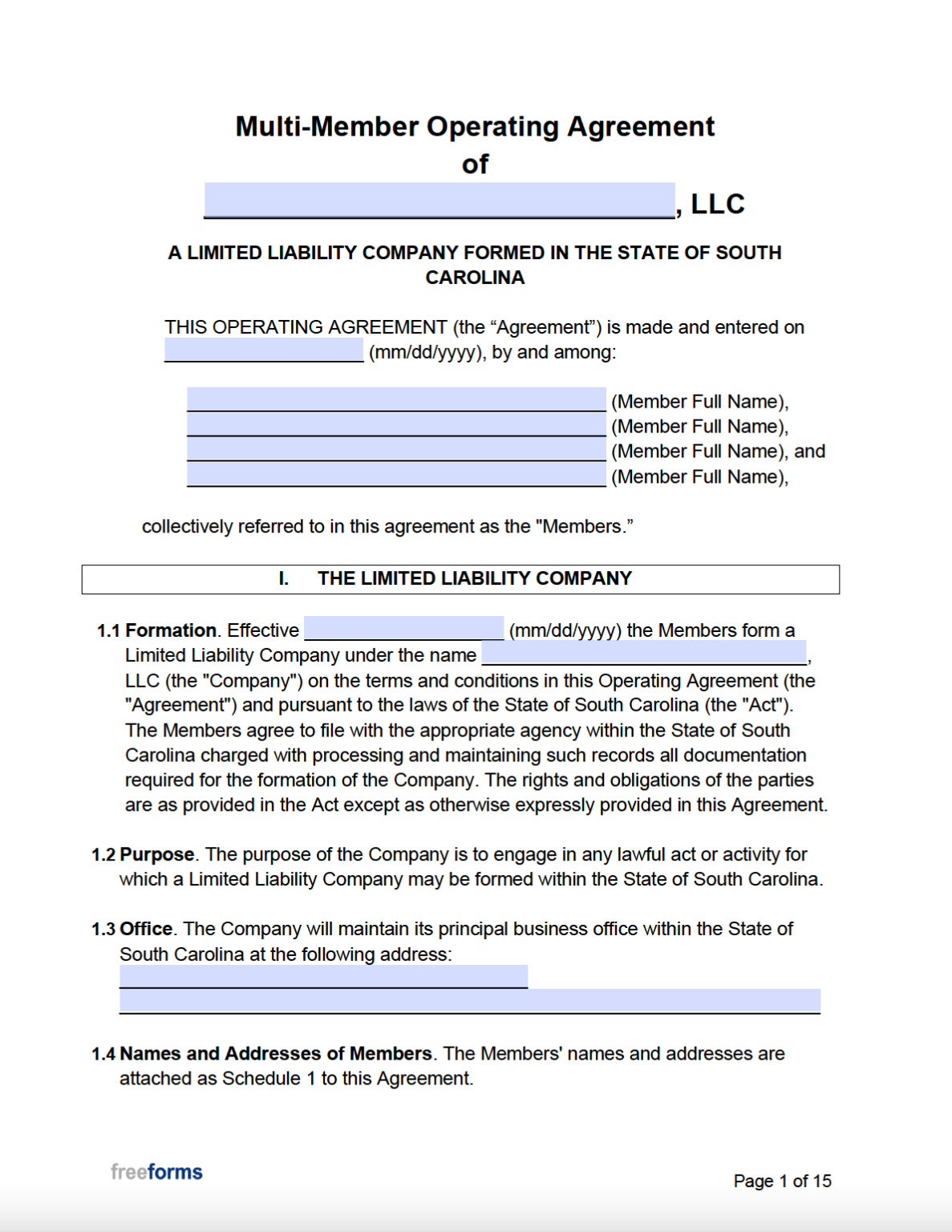 Free South Carolina Multi-Member LLC Operating Agreement Form | PDF | Word